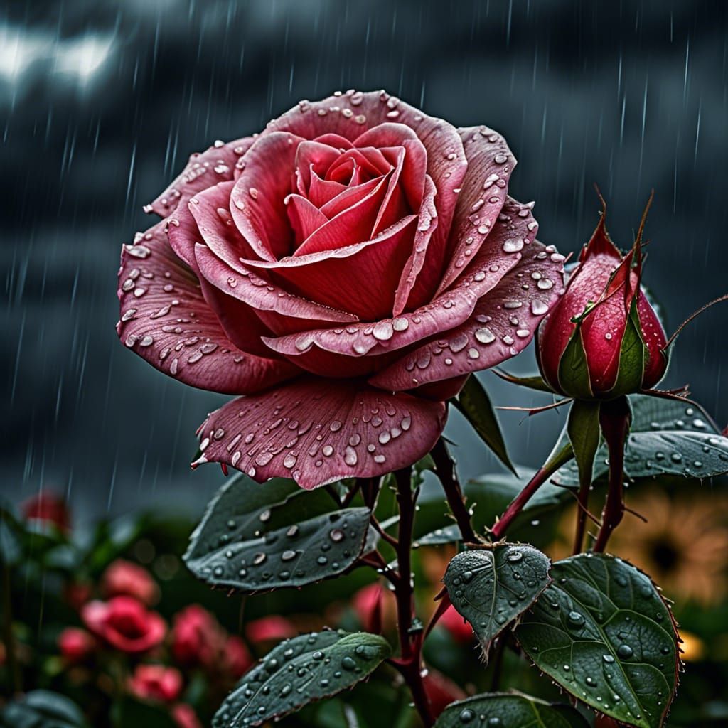 a perfect rose unaffected by a rainstorm, intricate details, HDR, beautifully shot ...