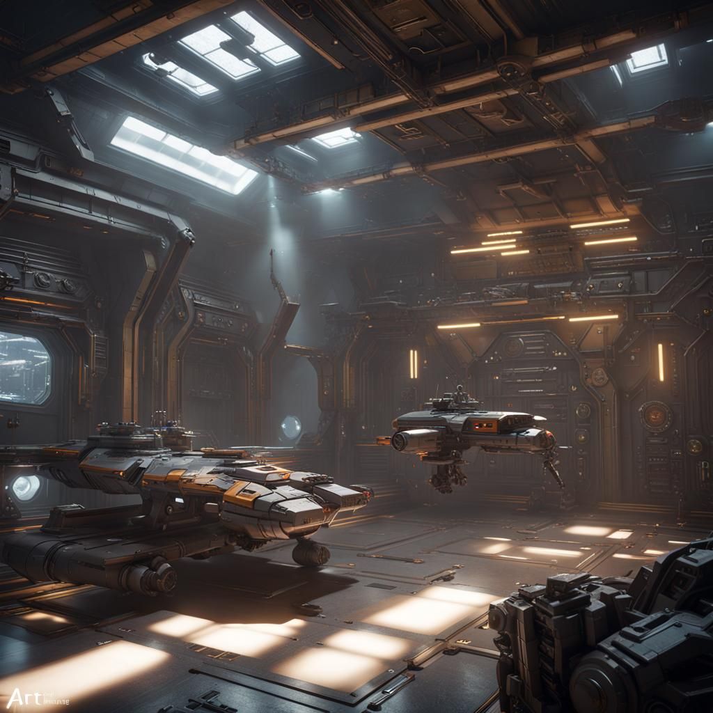 armory workshop, incredibly detailed, bright light, high tech science ...
