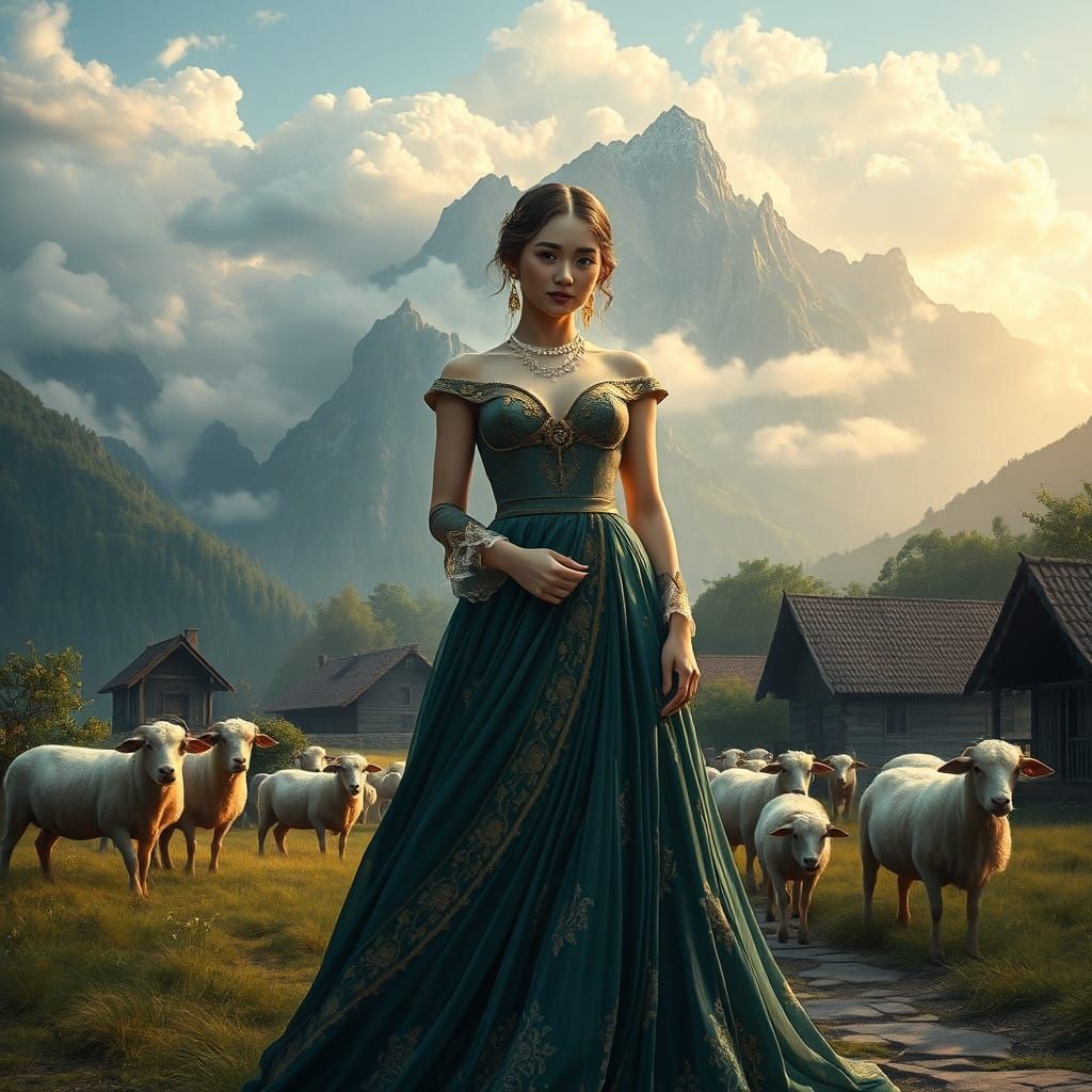 Ethereal Village Maiden with Lush Mountains - AI Art