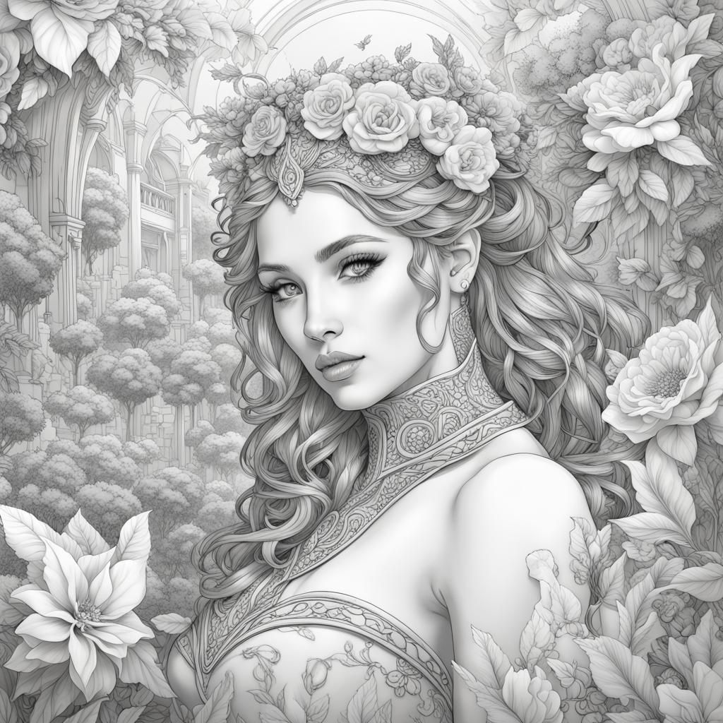 line art,no color , no boarders, coloringpage set up , floral woman ...