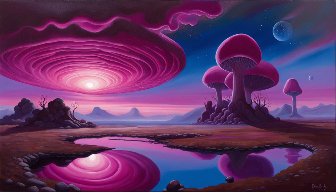 distant sun, magenta flames on the horizon, distant purple hills ...