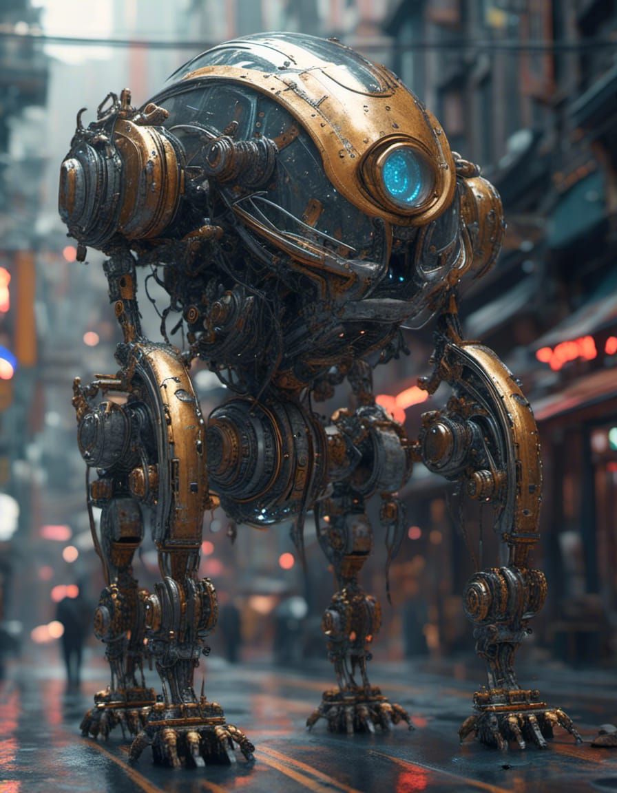 Steampunk android, glass outer-shell, intricate mech details, ground ...