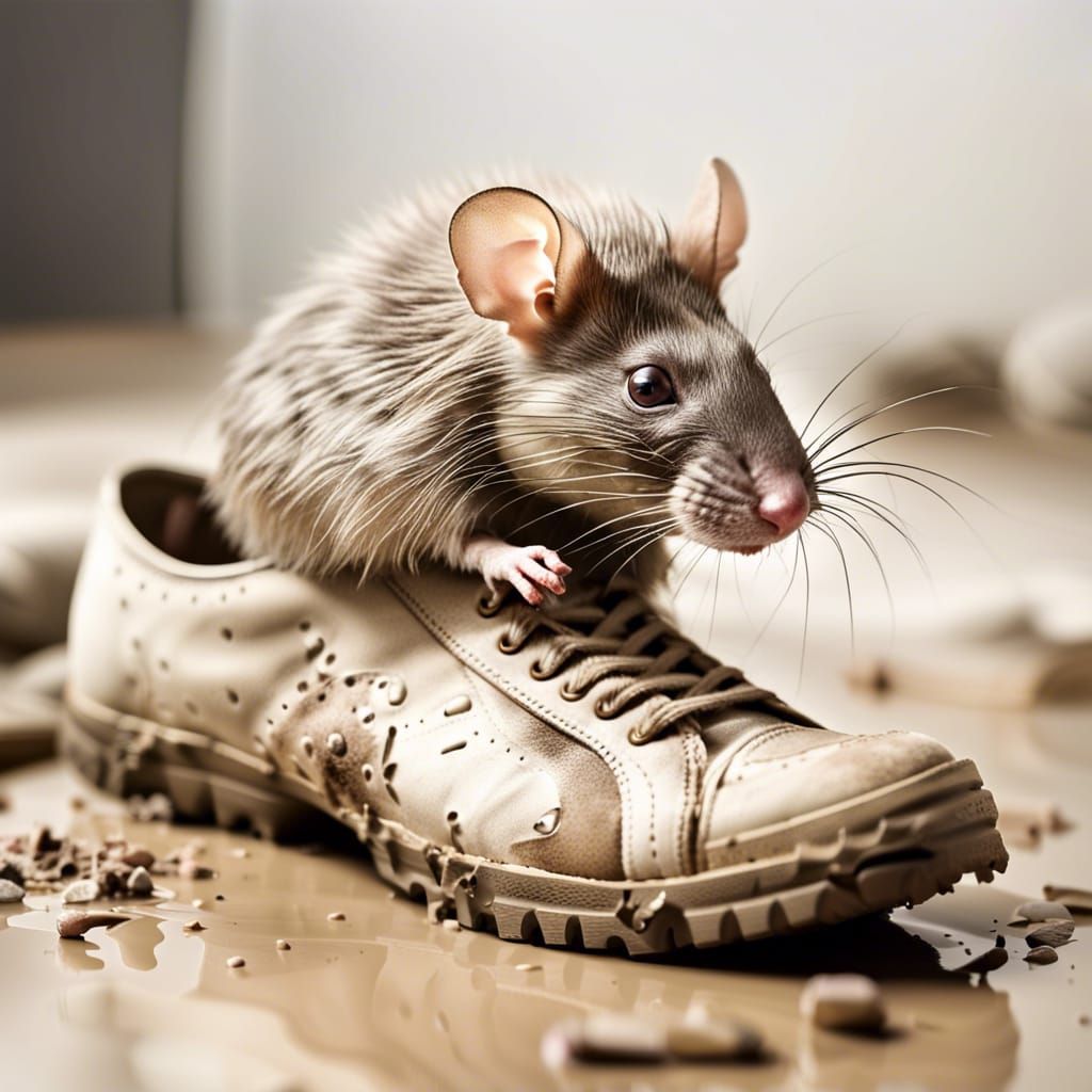 A cool muddy sneaker. A rat sitting in it. White room Professional ...