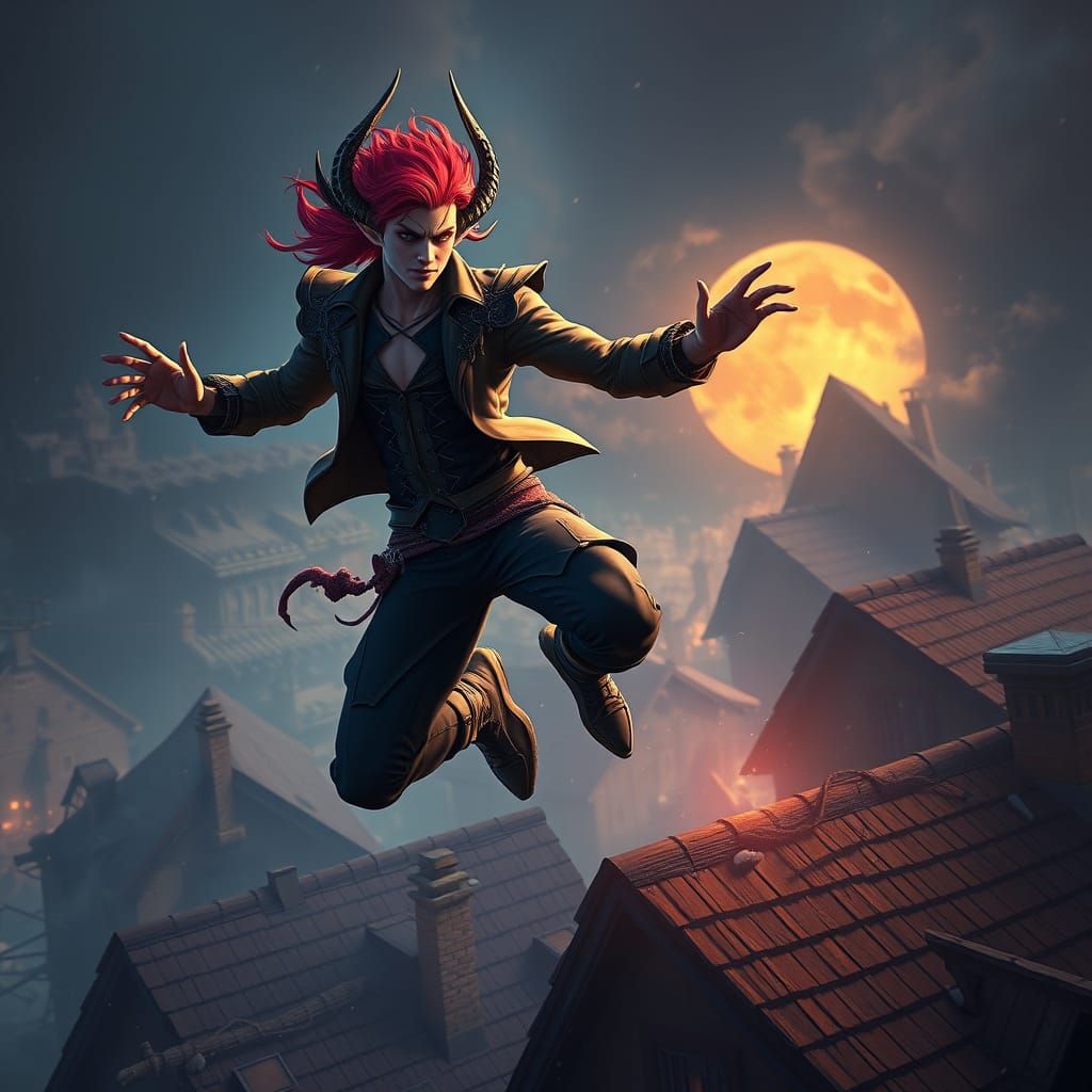 Dhampir Leaping Over Houses in Vibrant Fantasy Sce... - AI Art