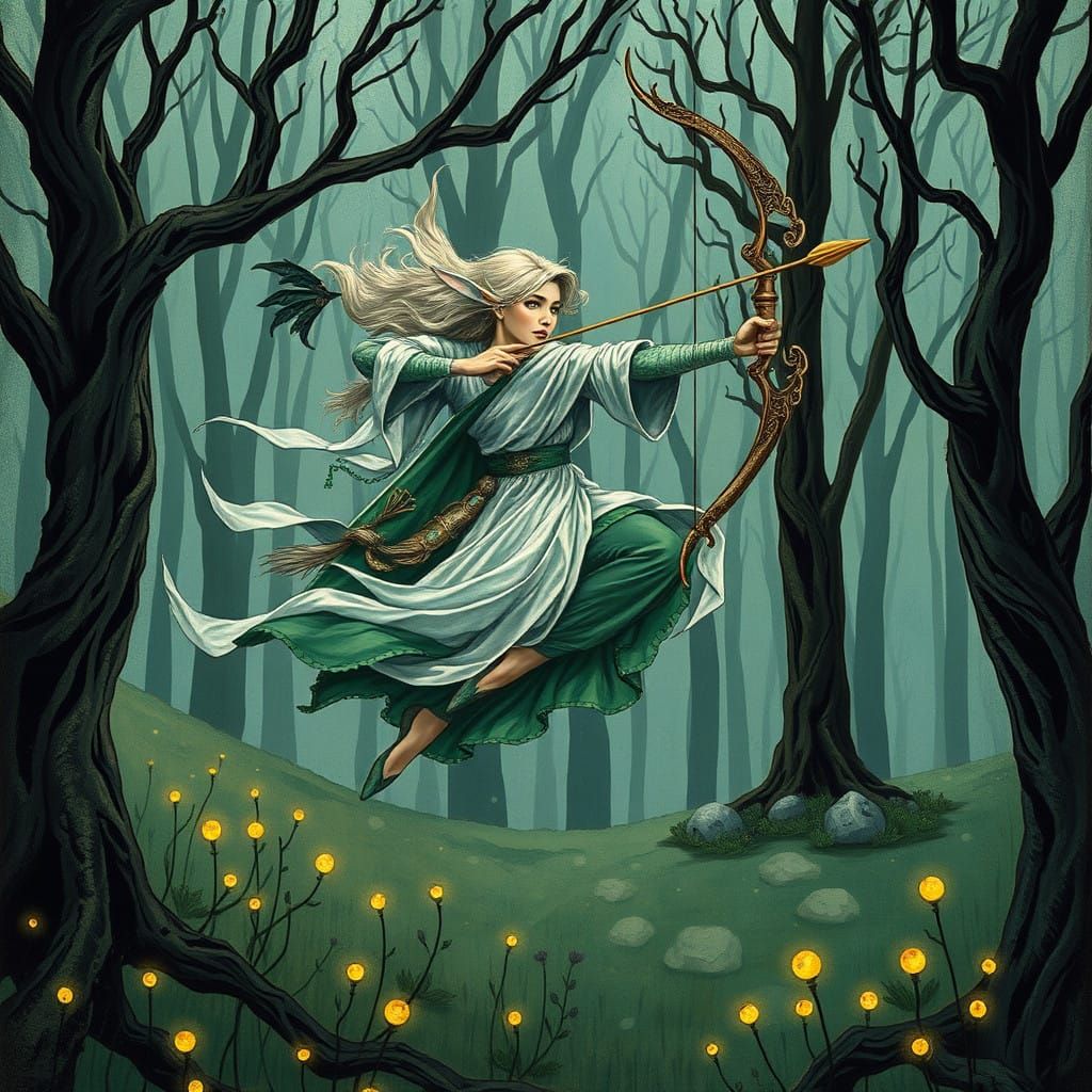 Ethereal Elven Archer in Whimsical Forest - AI Art