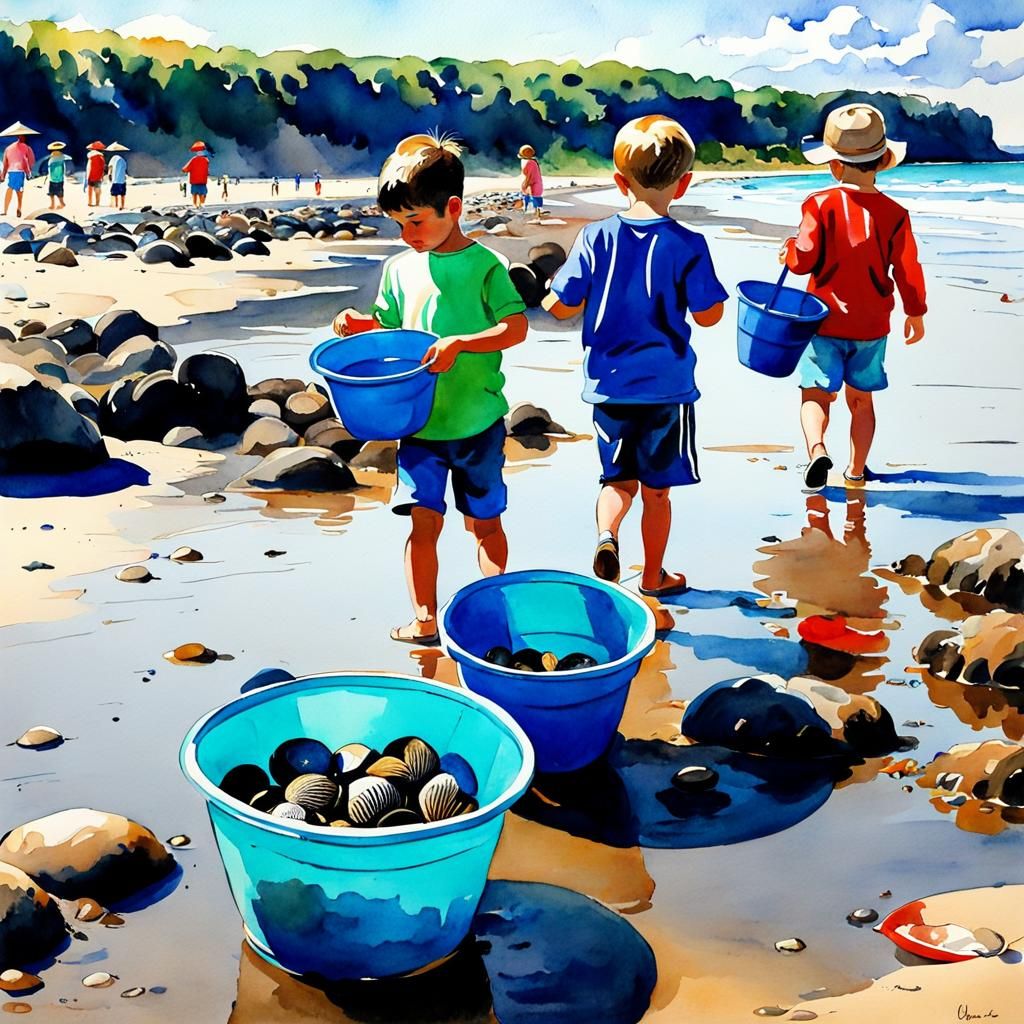 Children digging for clams at the beach on a hot summer day - AI ...