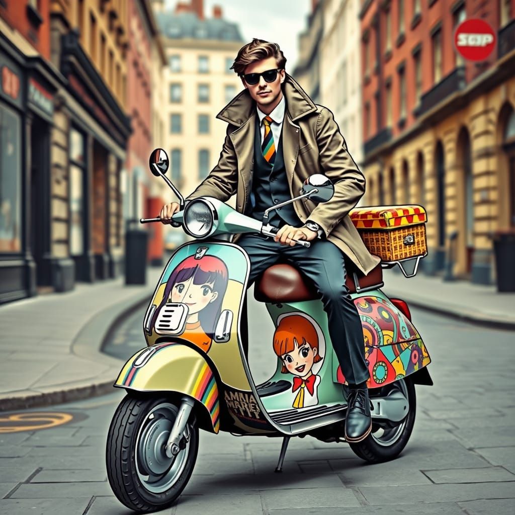 Mod wearing a parka on a mod scooter wrapped in "annie and marnie" artwork