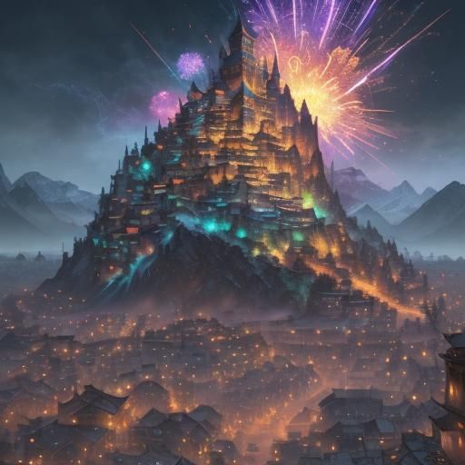 mountain village city mixed explosion of colors Photonic - AI Generated ...