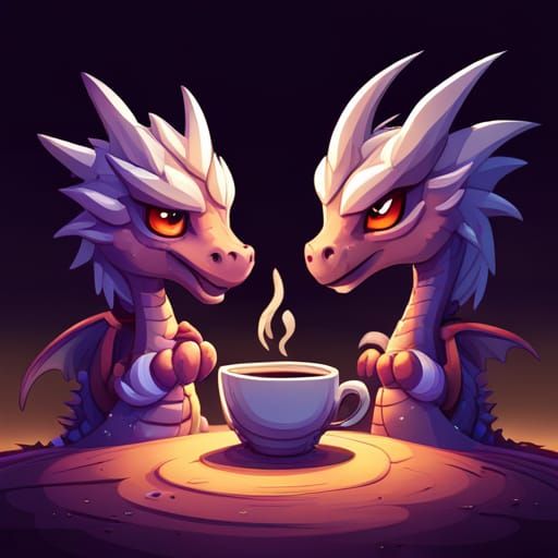 Cute chibi dragons drinking coffee in a cafe at night - AI Generated ...
