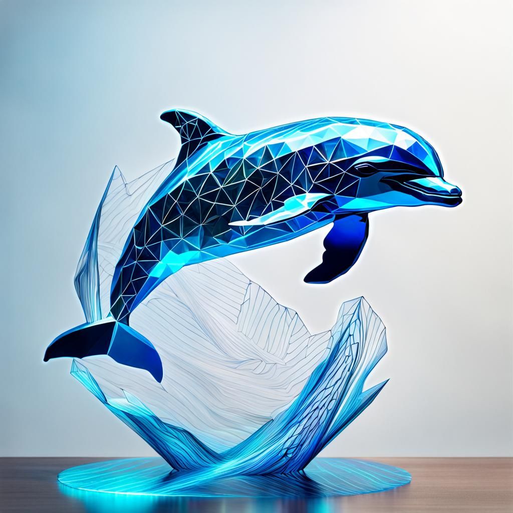 A holographic-inspired dolphin jumping through ocean waves, transparent ...