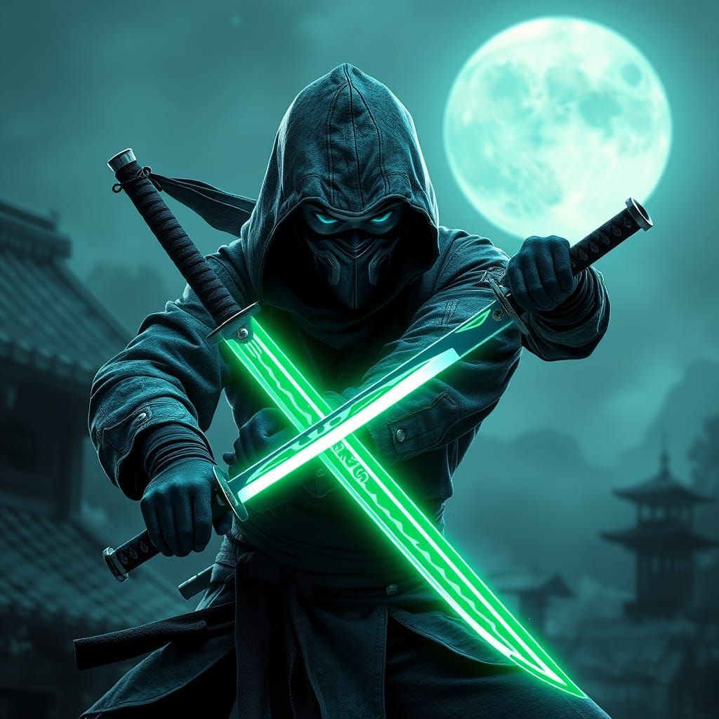 ninja - Stealthy Ninja Warrior in Neon-Lit Japanese Landscap...