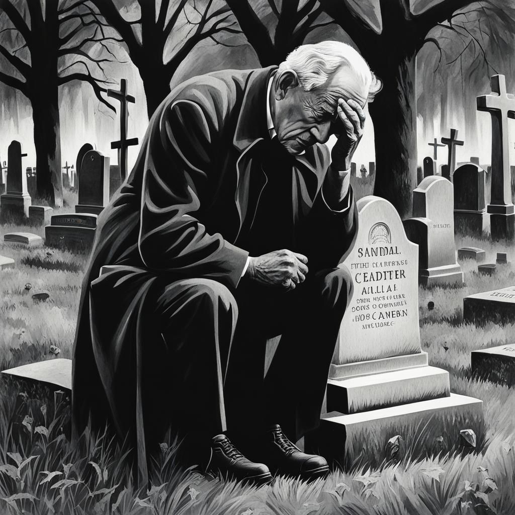 A black and white painting of an elderly man mourning at a headstone in ...