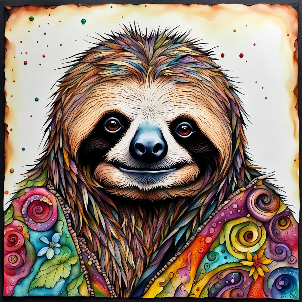 Hyperdetailed 2/3 portrait sinister sloth, folk art, alcohol ink ...