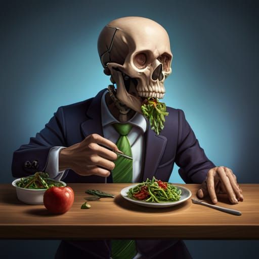 Skeleton eating salad that falls to the floor through his bones - AI ...