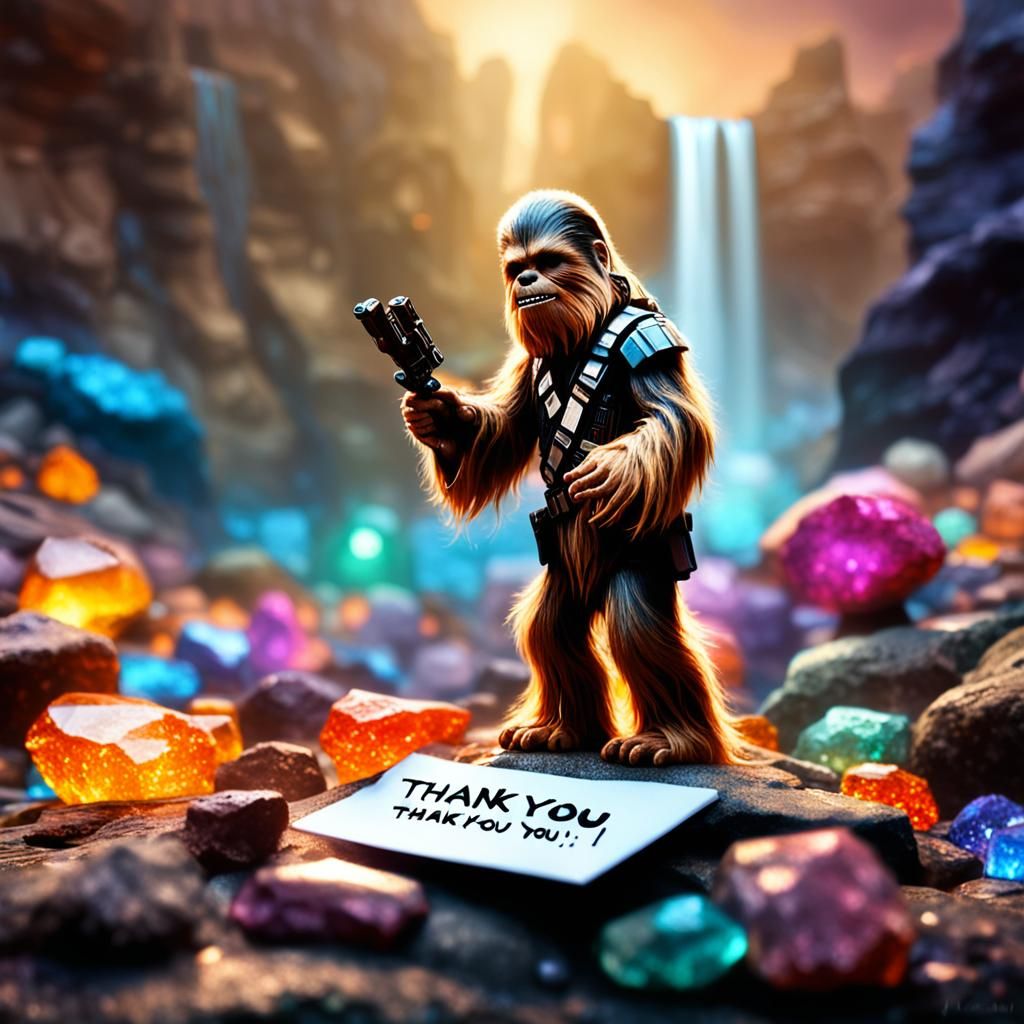 Wookiee holding sign that says "THANK YOU" , standing on Colorful ...