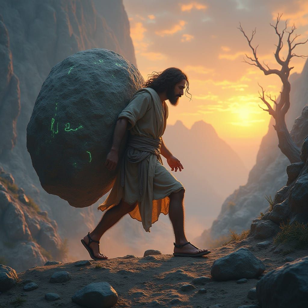 Jesus Ascends a Ancient Mountain with Unwavering R... - AI Art