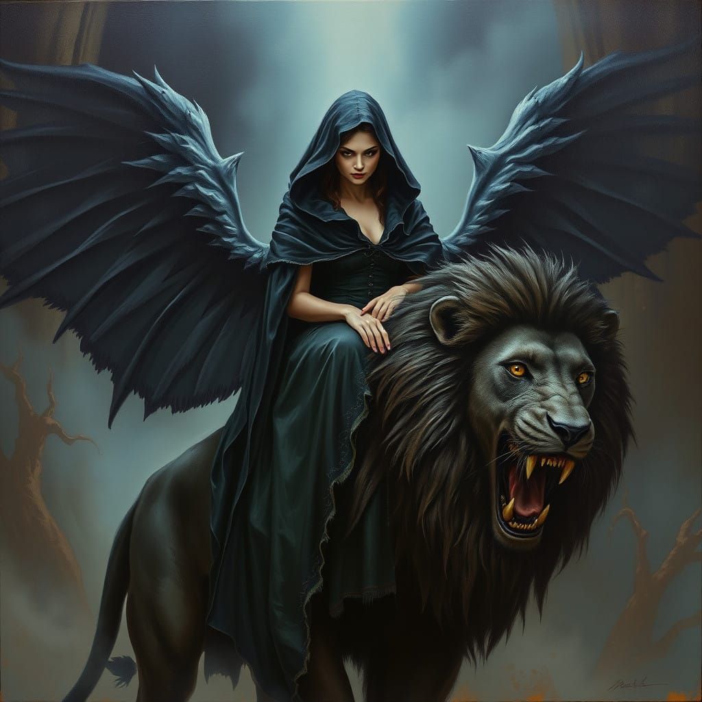 Dark Fantasy Queen Rides Majestic Winged Lion in F... - AI Art