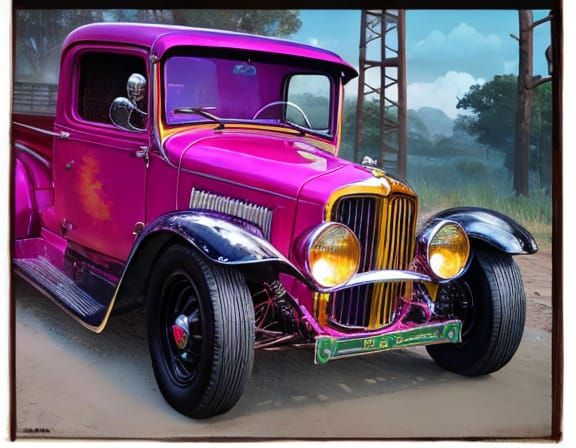Dramatic Flames Engulf Vintage Hot Rod in a Scene ... - AI Art