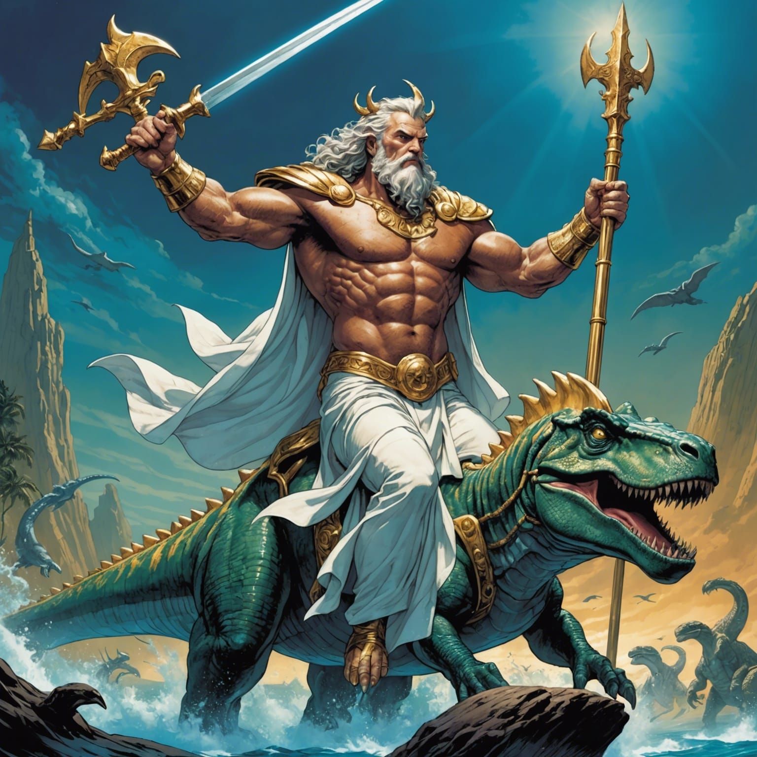 The God Neptune Riding a T-Rex Dinosaur - AI Generated Artwork ...