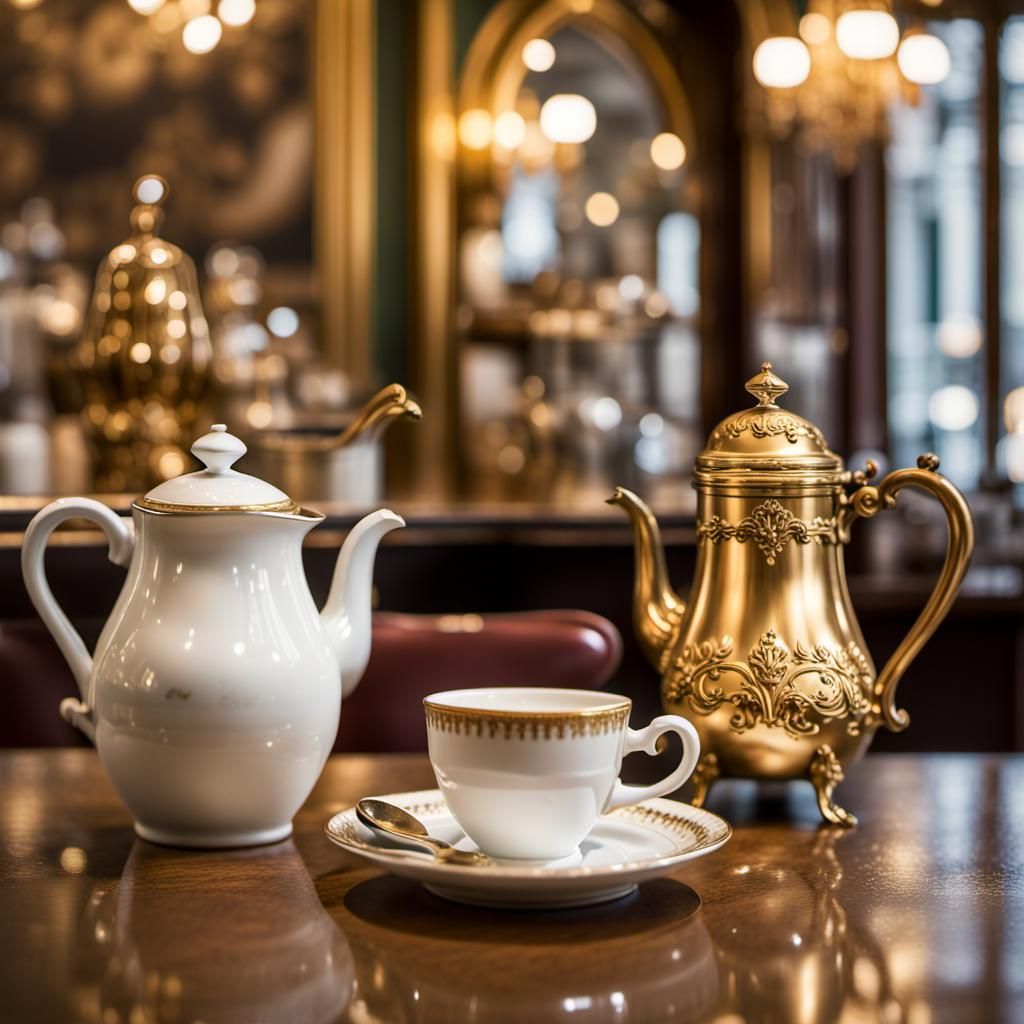 Inside a Parisian gold decorated embellished historicism café at ground ...