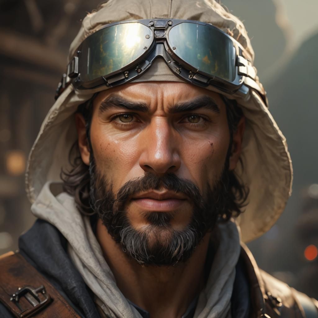 High sci-fi epic male mechanic, ruggedly handsome, goggles on head ...