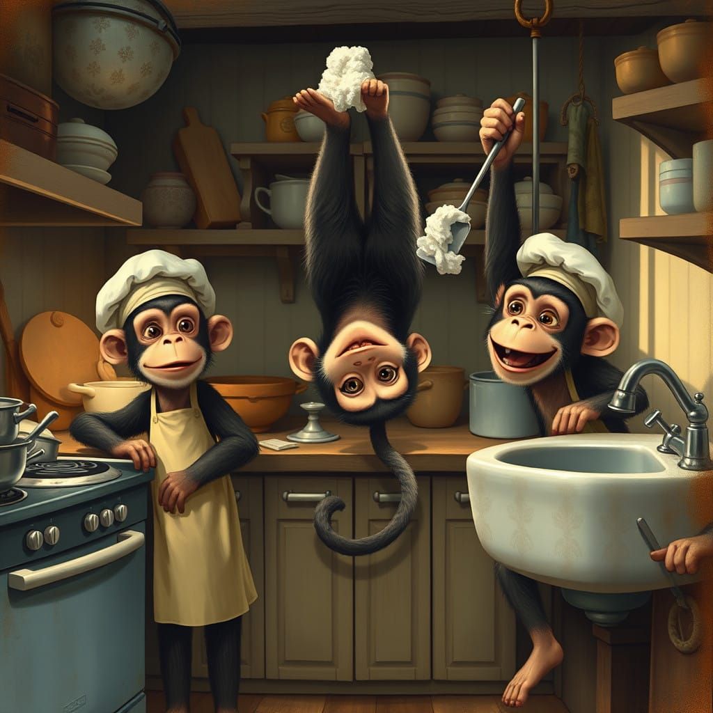 Three Little Chefs - Whimsical Monkeys in a Cozy Kitchen