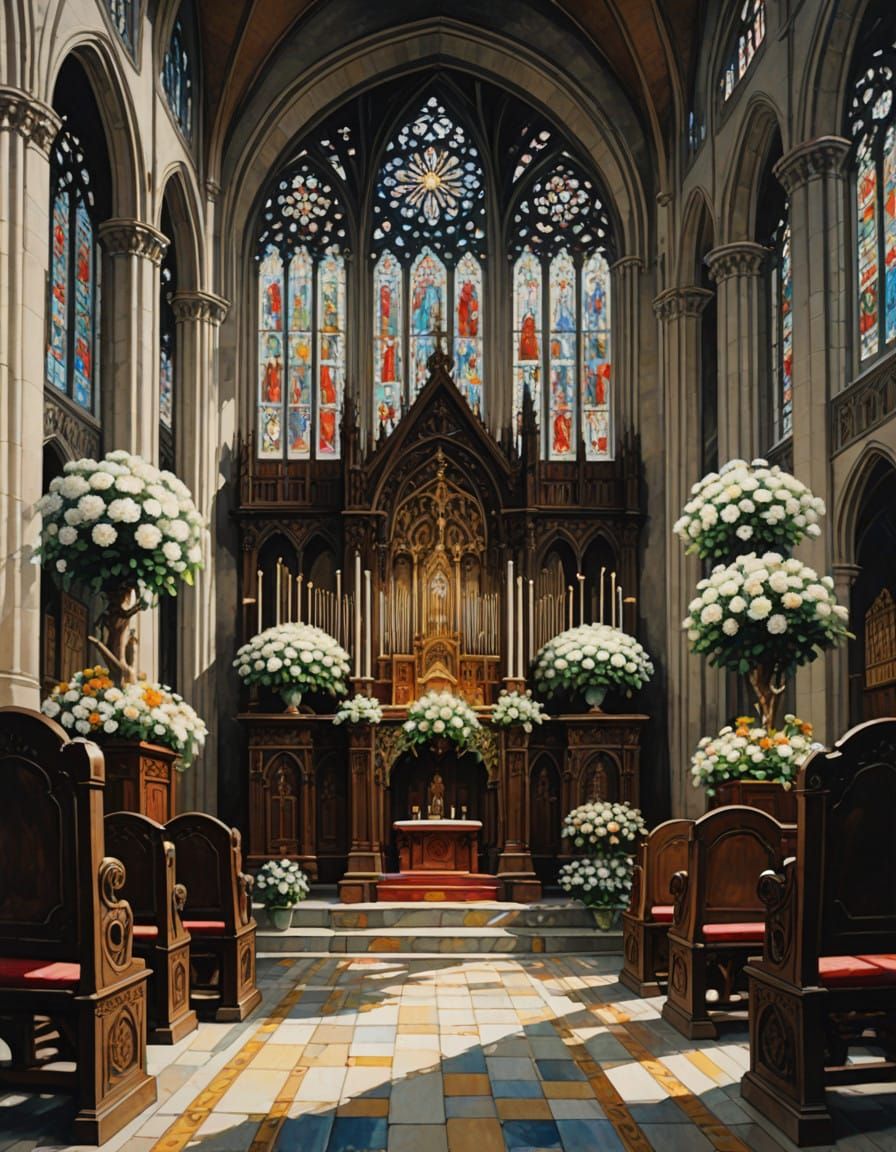 Cathedral altars within an interior scene, adorned with stained glass windows and white ...