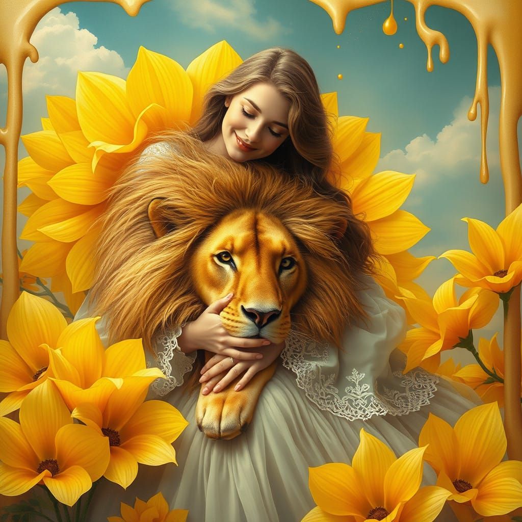 Woman in Serene Reverie with Lion and Yellow Flowe... - AI Art