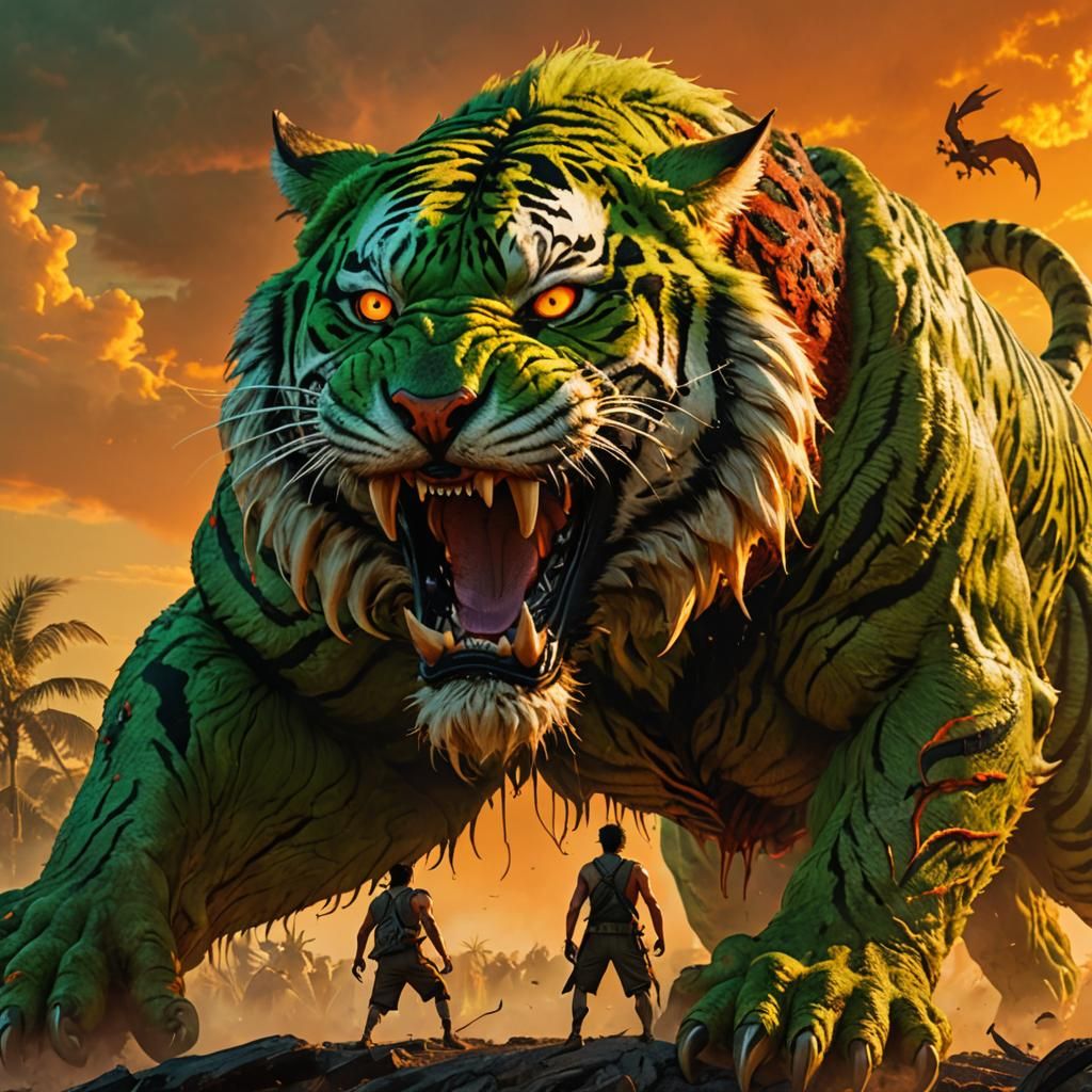 A huge, strong green tiger monster with yellow eyes and blood red ...