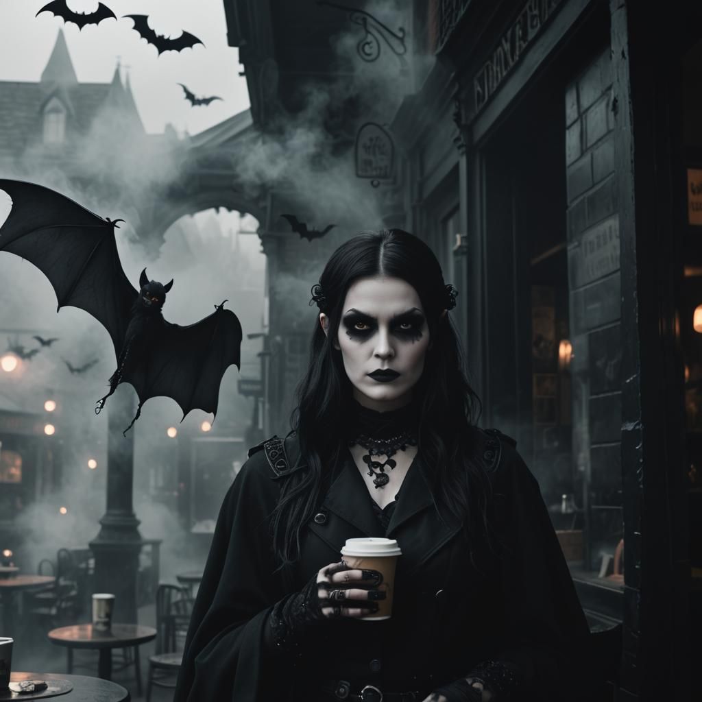 female goth fashion model. goth coffee shop. fog. giant bats. smoke ...