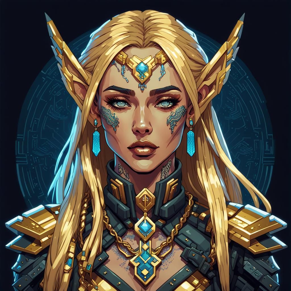Pixel art frontal portrait of a female elf commander with gold long ...