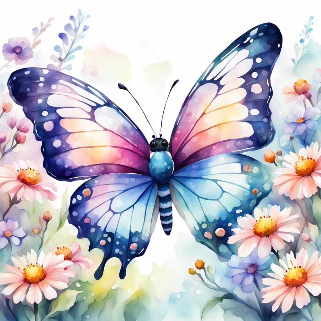 Chibi Butterfly Among Flowers in Watercolor Style - AI Art