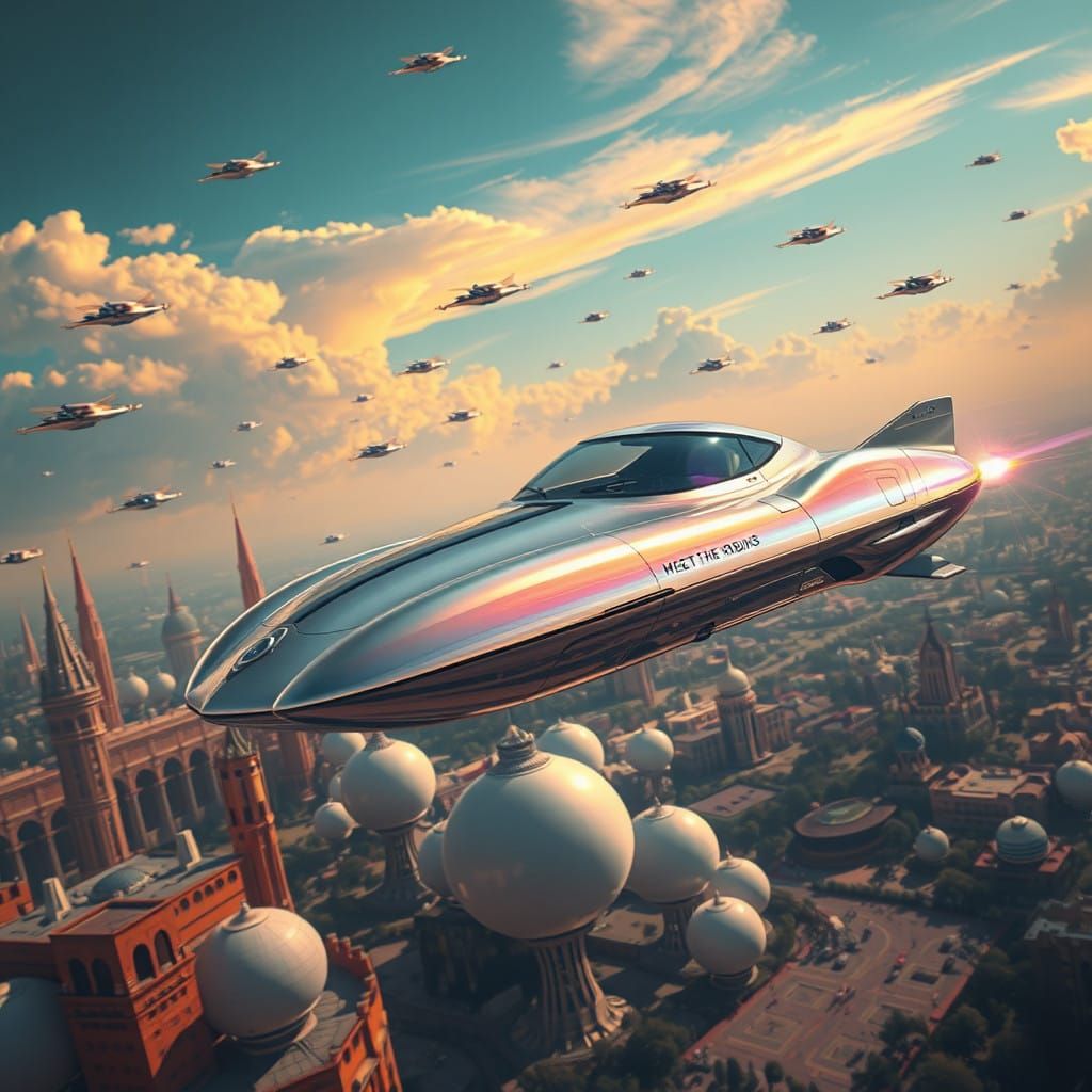 Retro-Futuristic Metropolis with Flying Cars and B... - AI Art