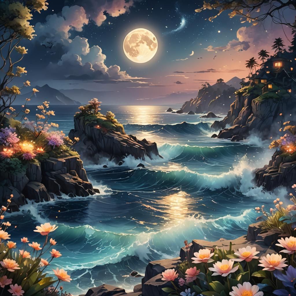 Mountains - Moonlit Ocean Masterpiece in Digital Watercolor