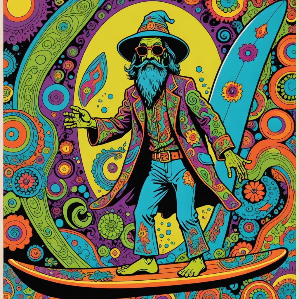 Psychedelic Wizard Rides Atomic Beach in Groovy Po... - AI Art