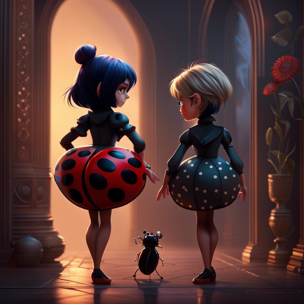 an image Marinette standing back to back with ladybug in a kicking poes ...