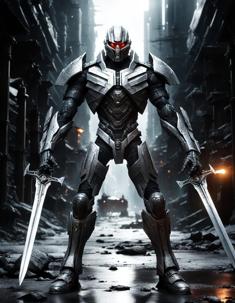 Muscular armored futuristic warrior soldier, clad in metallic silver ...