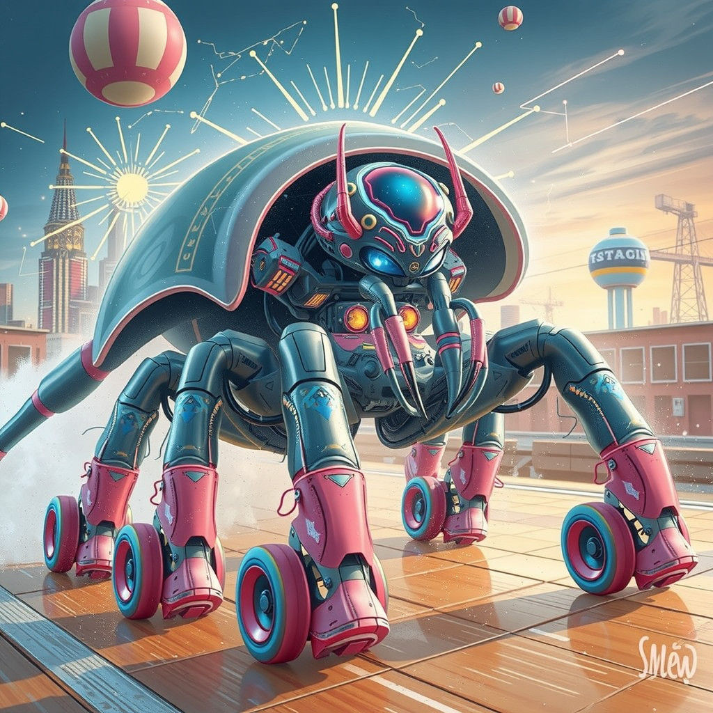 Glowing Neon Pink Spider Roller Skating in Futuris... - AI Art