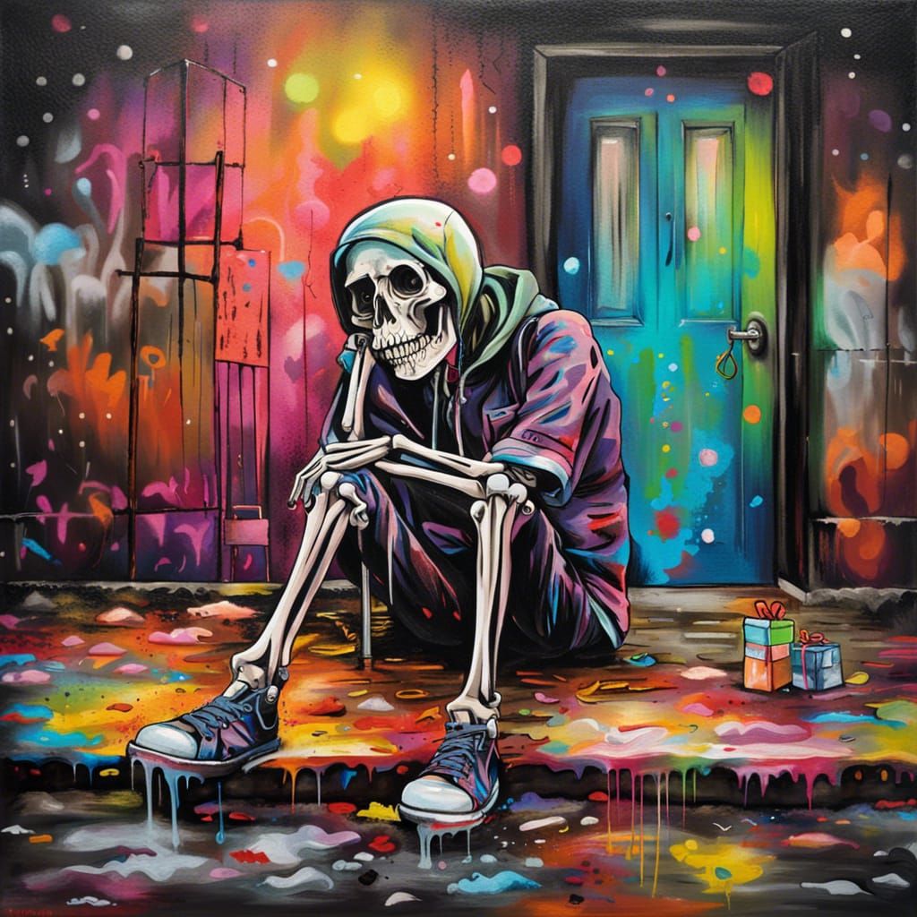Portrait of a depressed skeleton waiting for his birthday in an empty ...