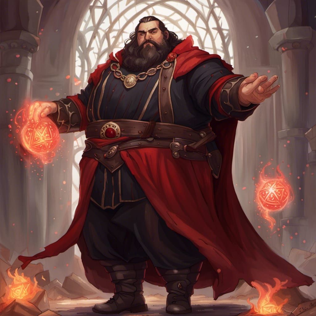 a Dungeons and dragons human male wizard, fat body, wearing a black and ...