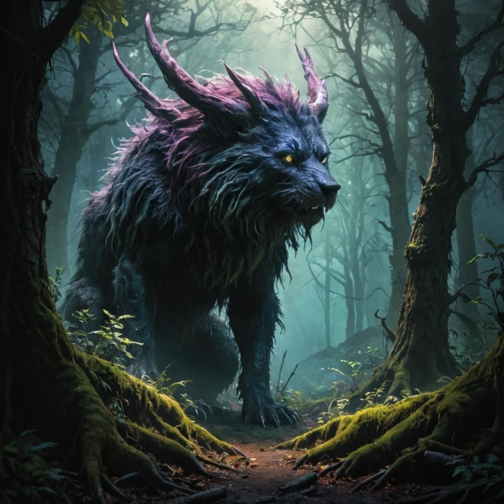 a realistic mythical amazing epic furry beast in erie magical enchanted ...