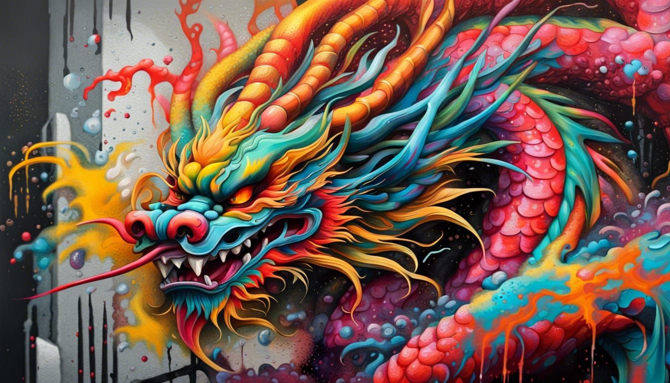 dramatic Chinese dragon, graffiti art, splash art, street art, spray ...