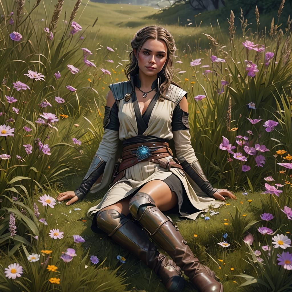 Supine pretty jedi woman, smile, bare legs, wedge boots, meadow ...
