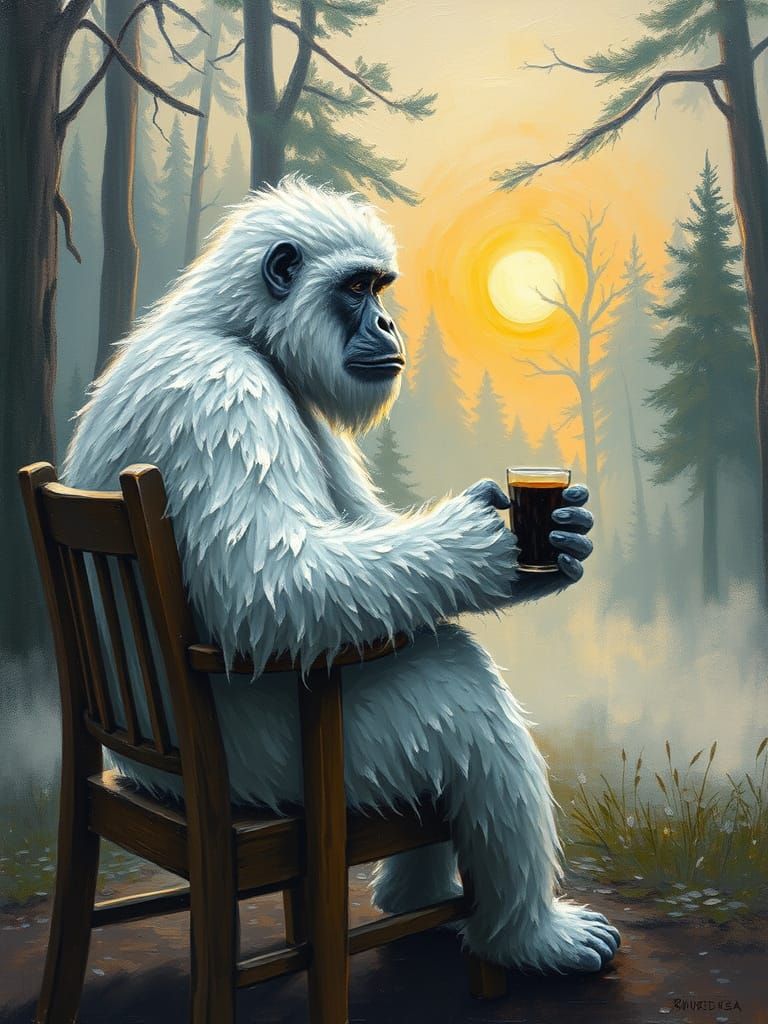 impasto style oil painting of a white yeti sitting on a wooden chair ...