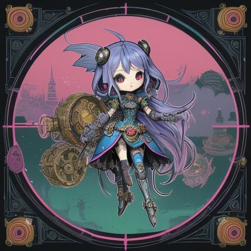 Medium shot. Robot Fairy girl with a D&D character. Magic and ...