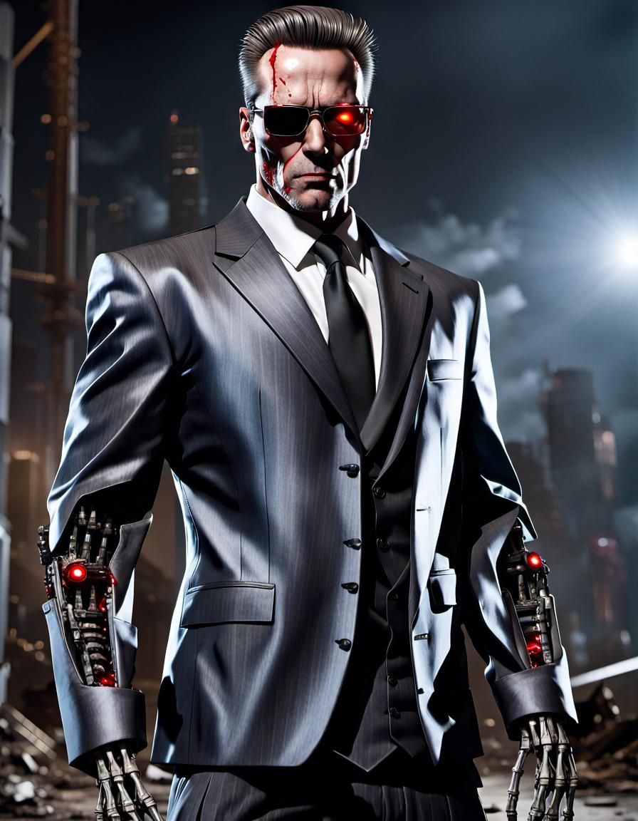 a Terminator disguised as a man with slicked back hair, wears glasses ...