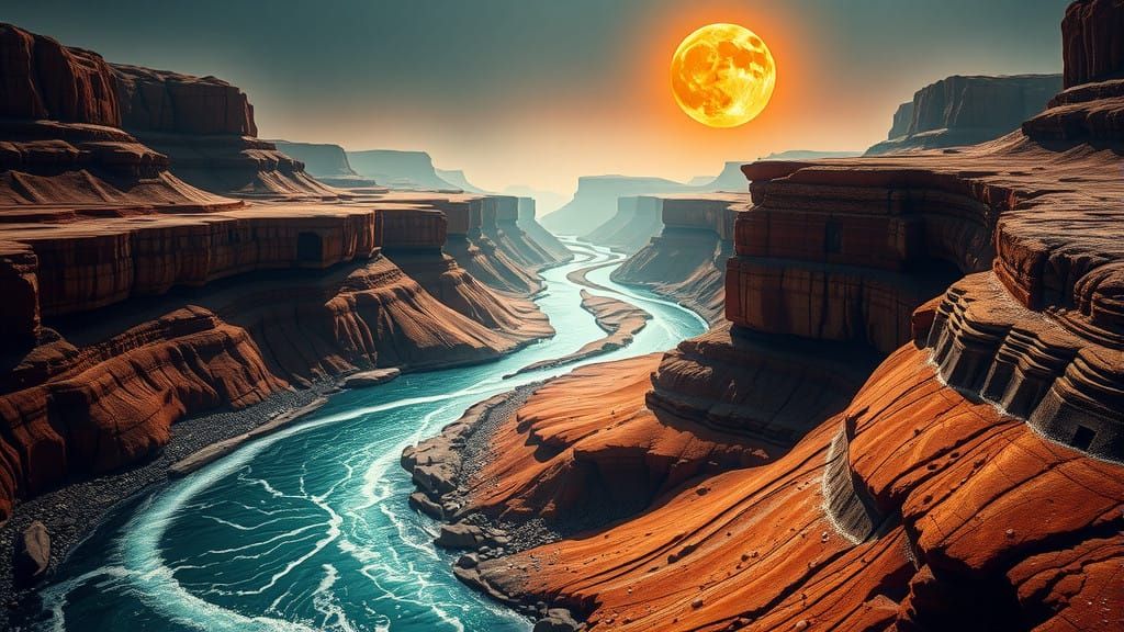 Surreal River Gorge in Two-Sun Landscape as Film N... - AI Art