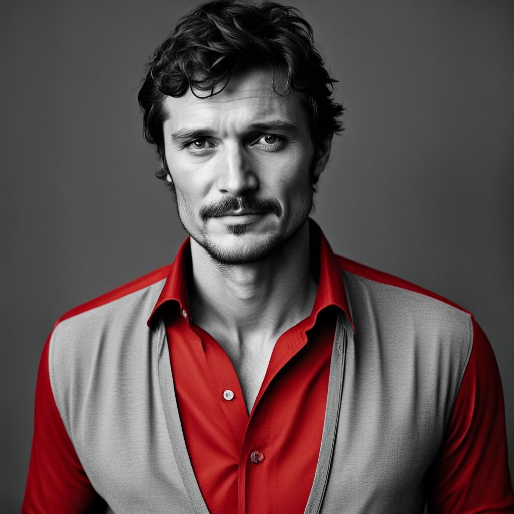 portrait Pedro Pascal with red shirt photo style selective color 2 - AI ...