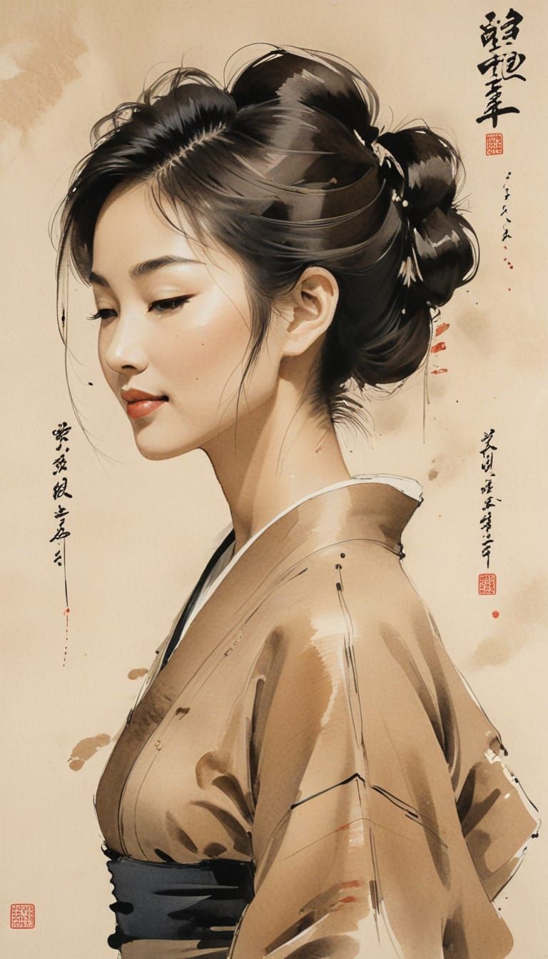 Single line Sumi-e (墨絵) painting, minimalistic single line, profile of ...