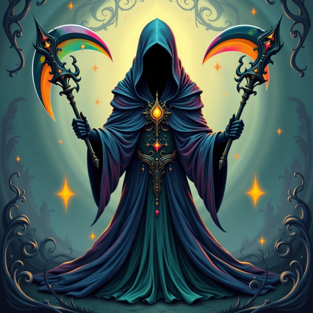 Majestic Reaper in Iridescent Robe with Rainbow Sc... - AI Art
